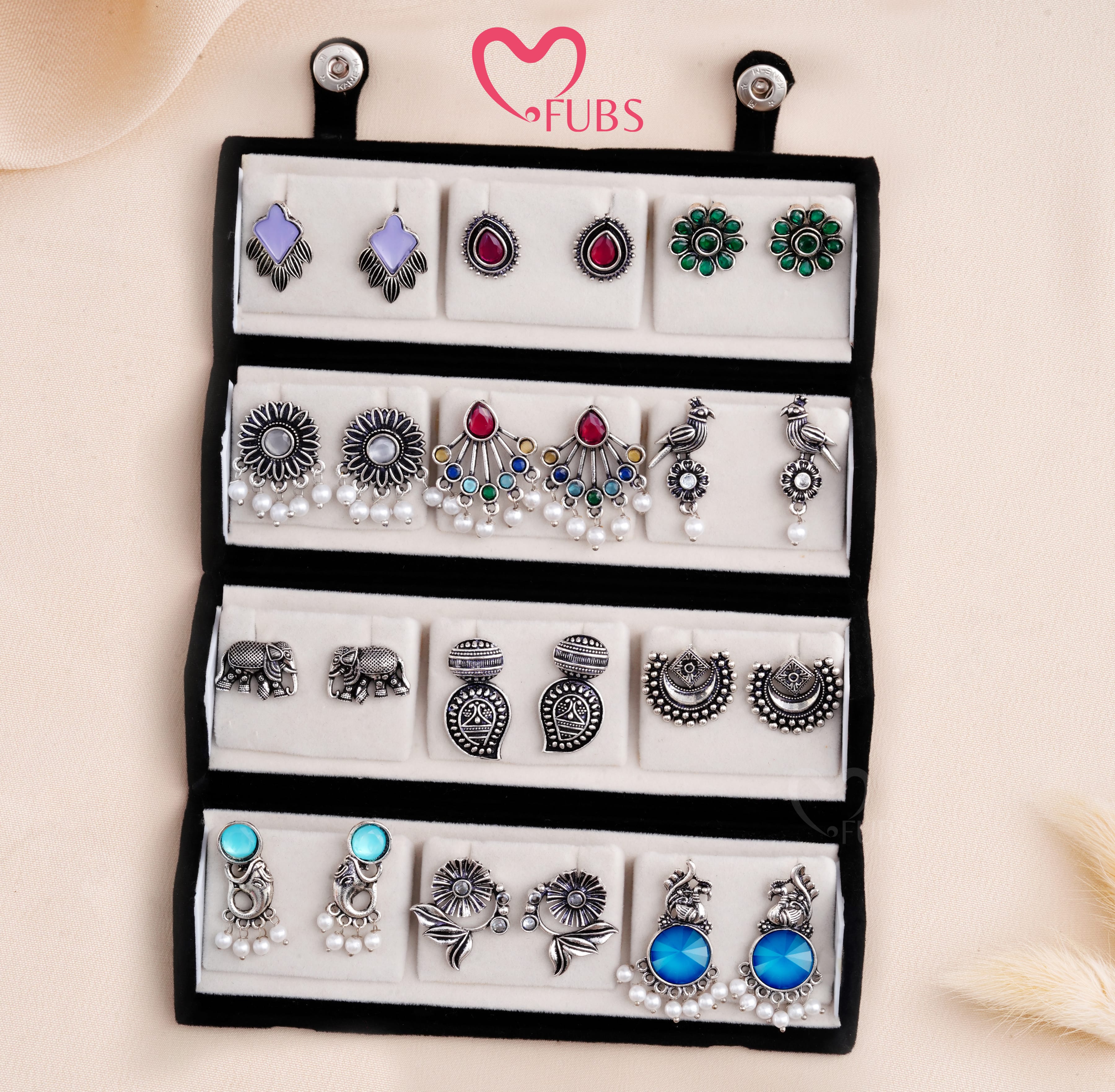 Set Of 12 Oxidized Designer Stud Earrings With Folding Jewelry Box – FUBS