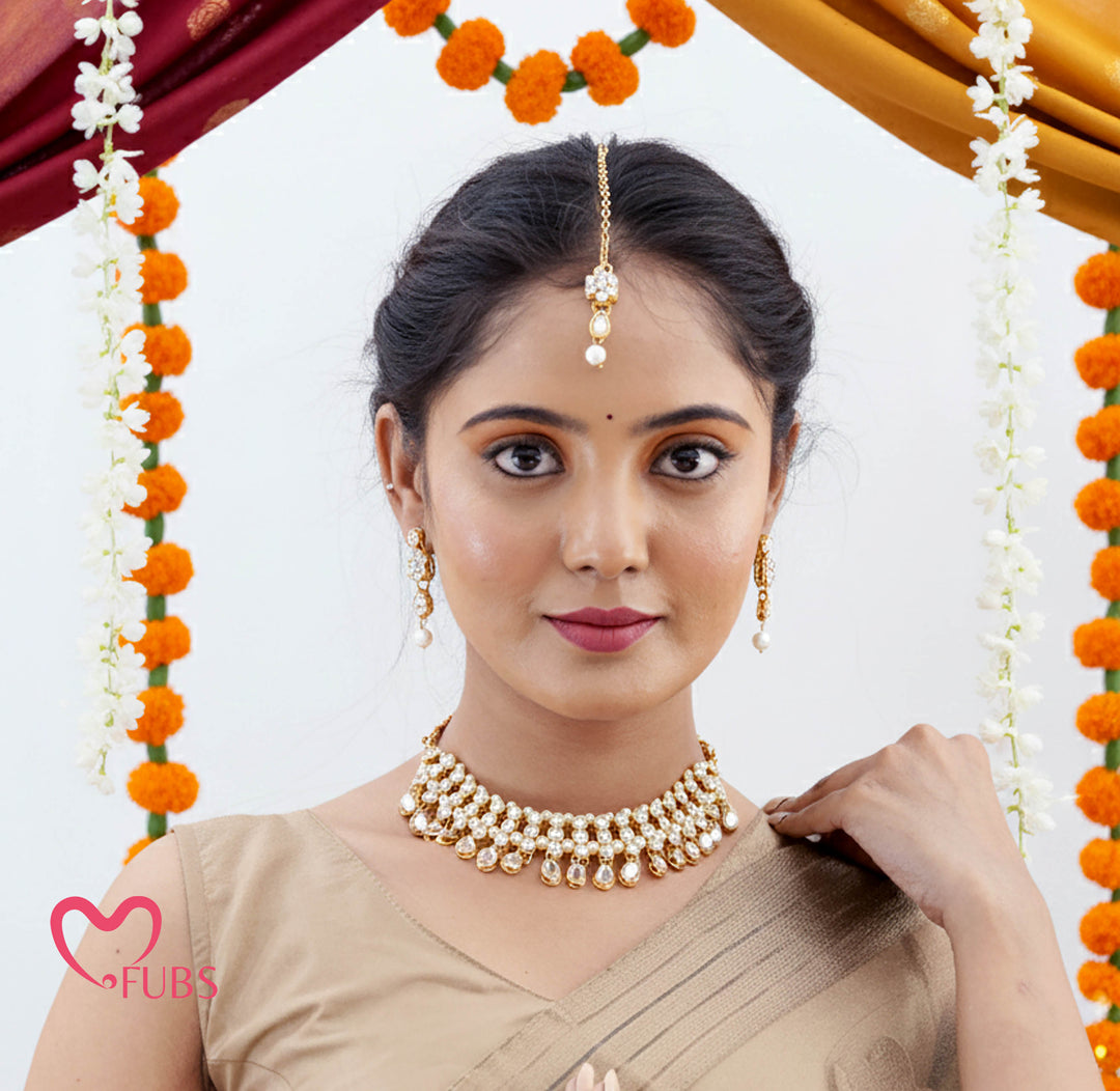 Elegant Pearl Drop Choker & Tikka Set – FUBS
