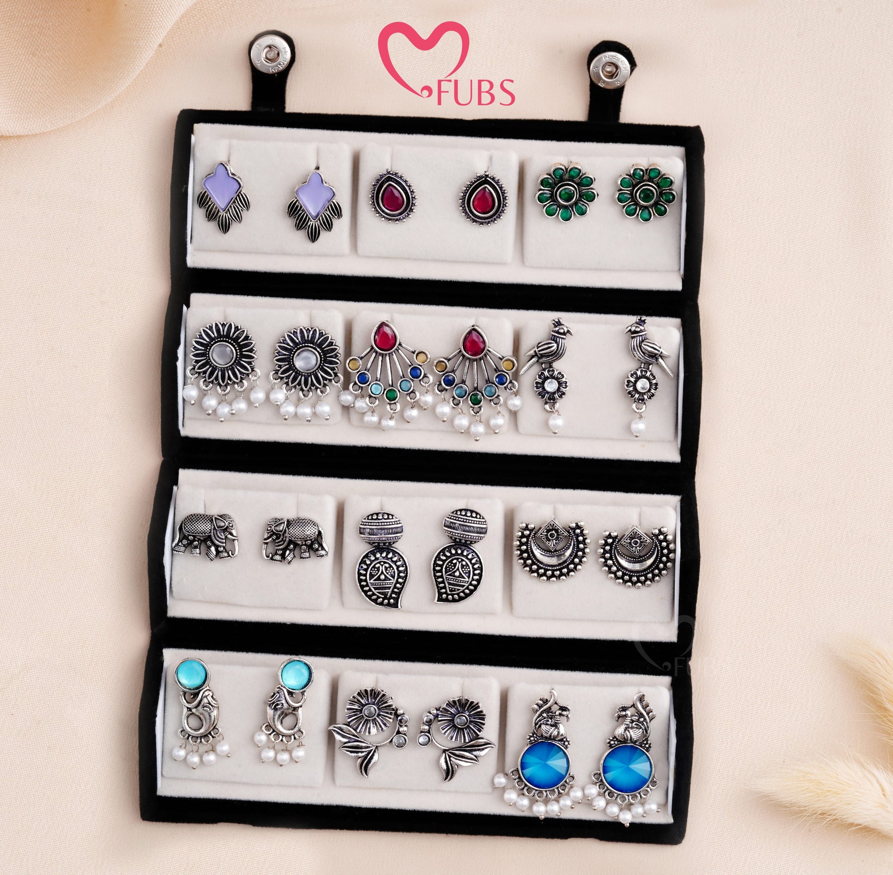 Set Of 12 Oxidized Designer Stud Earrings With Folding Jewelry Box – FUBS